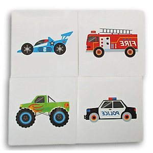 Party Supply Cars and Trucks Party Favors - Temporary Tattoos - Monster Truck, Racecar, Fire Truck, Police Car - 24 Cute Square Tattoos