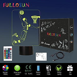 FULLOSUN Basketball 3D Night Light, Basketball Sport Gifts Bedside Lamp for Xmas Holiday Birthday Gifts for Kids Basketball Fan with Remote Control 16 Colors Changing + 4 Changing Mode + Dim Function