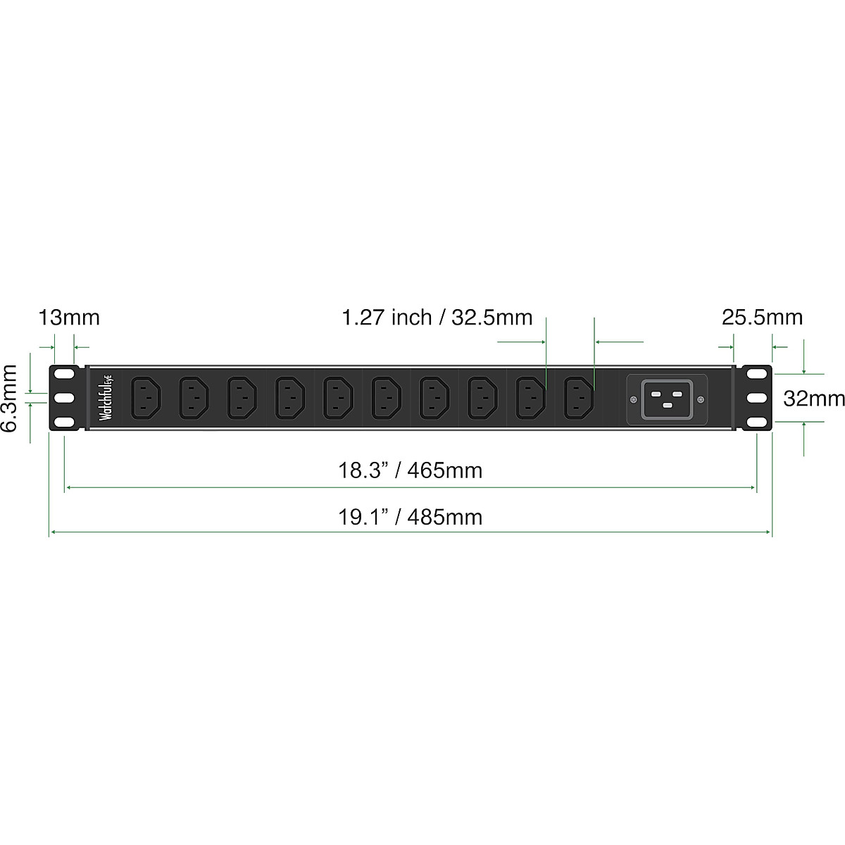 WatchfulEyE WTH-CS/PDU-C13-E (US121052E) Heavy Duty Metal 1U Rack Mount PDU, Inlet C20 20A 120/240V Open end (Without Extension Cord), Outlet C13 x10 Ports