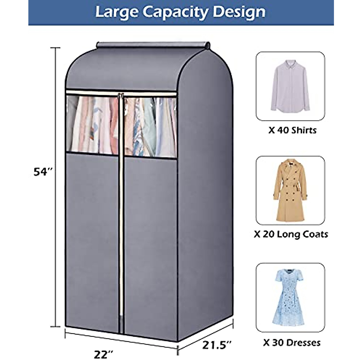 SLEEPING LAMB 54'' Hanging Garment Bags for Closet Storage Sealed Completely Jackets Coats Suits Clothes Rack Cover for Wardrobe with Clear PVC Window, 2 Packs, Grey(Hanging Rod Not Included)