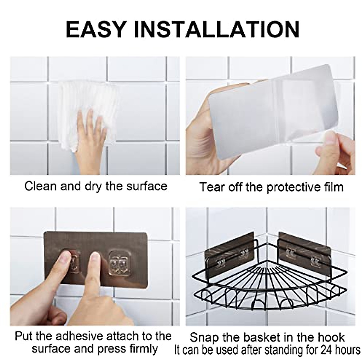 Corner Shower Caddy Basket Rack Stainless Steel with Hooks Wall Mounted Bathroom Shelf Storage Organizer Adhesive Rustproof No Drilling 3 Pack (Black)