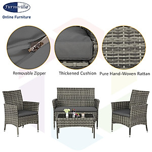 Furnivilla 4 Pieces Patio Furniture Sets Outdoor Furniture PE Wicker Patio Set Patio Conversation Set Balcony Furniture with Cushions and Table for Yard,Pool or Backyard(Grey-Grey)