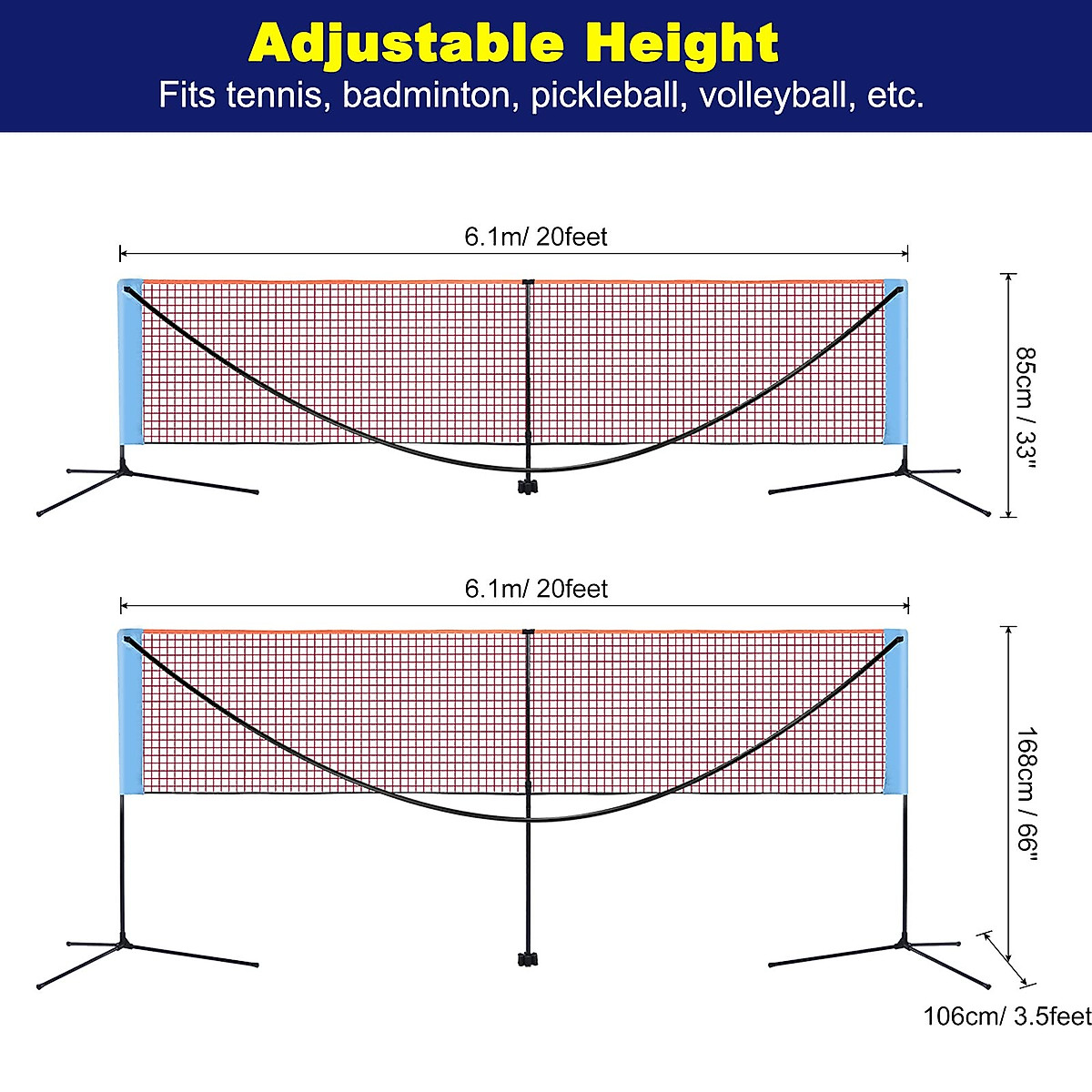 PATIKIL 20Ft Portable Badminton Net, Pickleball Net Set Height Adjustable Tennis Net with Carry Bag for Volleyball Soccer Outdoor Backyard Beach, Black