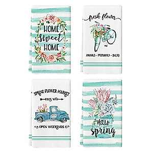 Artoid Mode Watercolor Stripes Flower Bottle Wreath Kitchen Dish Towels, 18 x 26 Inch Seasonal Spring Bicycle Truck Ultra Absorbent Drying Cloth Tea Towels for Cooking Baking Set of 4