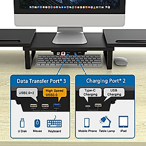 AQQEF Dual Monitor Stand Riser, Adjustable Length and Angle, Computer Monitor Desk Shelf with USB3.0 and Slot for Tablet and Cellphone, Wooden Desktop Oraganizer Stand for 2 Monitors