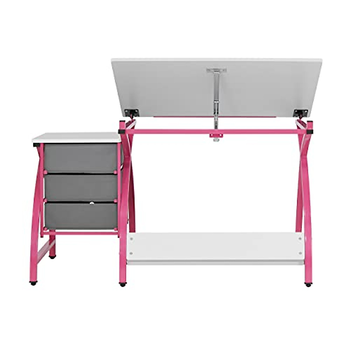 SD STUDIO DESIGNS 2 Piece Comet Center Plus, Craft Table and Matching Stool Set with Storage and Adjustable Top, 50" W x 23.75" D x 29.5" H, Pink/White