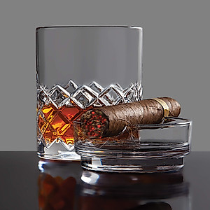 Godinger Cigar Whiskey Glass Set - Old Fashioned Whiskey Glass and Cigar Holder Bar Set