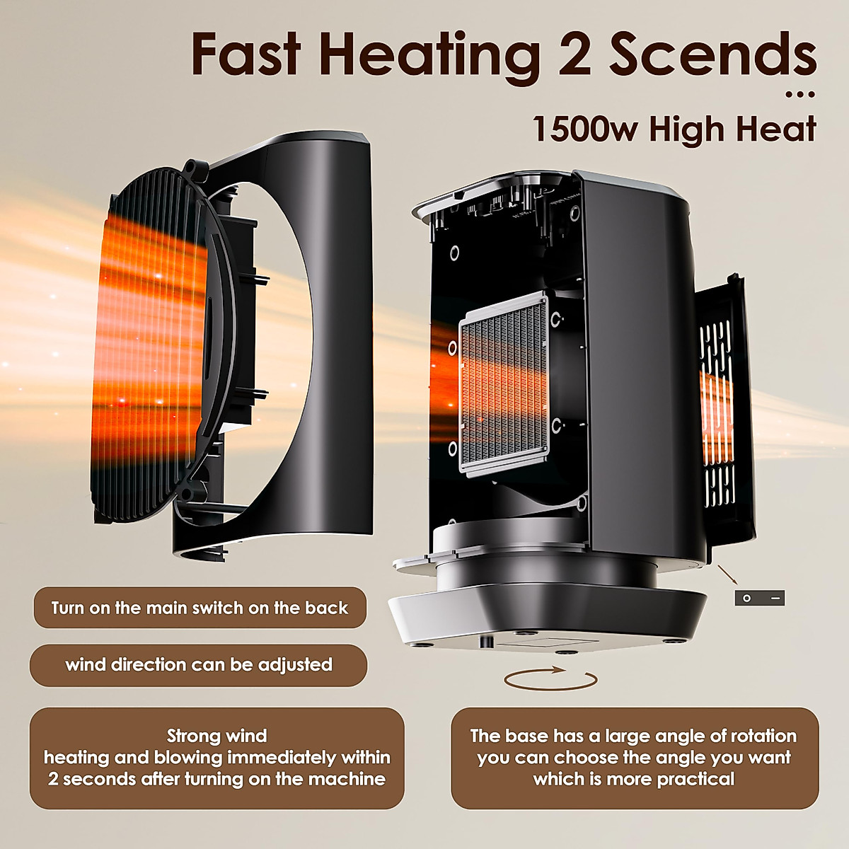 Space Heaters for Indoor Use, Portable Electric Heater with Thermostat,Remote, 2s Fast Heating, 3 Modes, 70°Oscillation, 1500W PTC Ceramic Desk Heater with Heating and Fan Modes for Office Bedroom Use