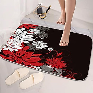 TheBlackSpot Dahlia Floral Bathroom Rugs 20 x 31 White Black and Red Flower Art Bath Mat 16 x 24 Sets 3 Piece Imitation Cashmere Anti Slip Mats U-Shaped Contour Shower Mat