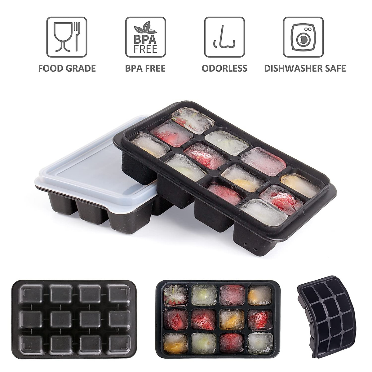 Silicone Ice Cube Trays with Lid for Freezer 3 Pack, Annaklin 12-Grid Easy Release Stackable Small Ice Trays Ice Cube Molds for Cocktail, Whiskey, Chocolate, Flexible & Removable Lids, BPA Free, Black