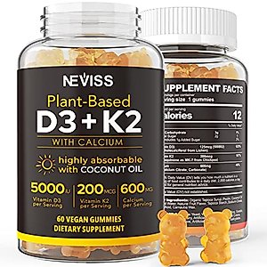 Vitamin D3 5000IU Gummies 125mcg with Calcium 600mg+K2( MK7 ) 200mcg, Coconut Oil for High Absorption, Maximum Strength Vitamin D Supplement - Support Strong Bones, Immune System Health Vegan 60 Count