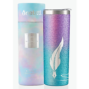 Onebttl Writer Gifts for Women - 20oz/590ml Skinny Glitter Stainless Steel Insulated Tumbler with Straw - Graduation/Birthday/Christmas Gift for Writers, Novelist, Scriptwriter- Feather Pen
