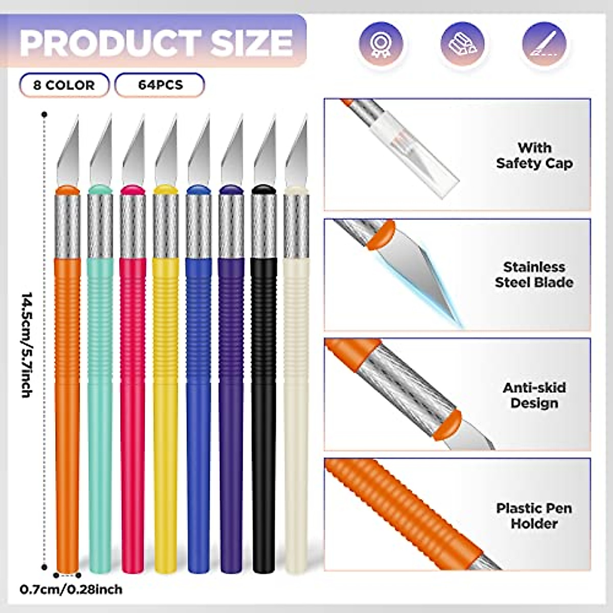 64 Pcs Craft Knife Set Steel Hobby Knife Precision Knife Precision Cutter for DIY Carving Scrapbooking, Art Cutting Carving, Phone Repair Stencil, Multicolor, 5.71 Inch