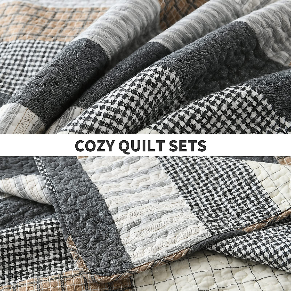 PERHOM Quilt Queen Size - 100% Cotton Farmhouse Rustic Queen Quilt Set, Cabin Bedding Set Bedspreads, Lodge Lightweight Patchwork Plaid Quilted Comforter for Queen Bed, Grey/Brown/Beige