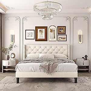 Lonkwa Queen Size Bed Frame with Upholstered Wingback, Beige Platform Bed Frame with Headboard Tufted Diamond Button, Sturdy Wooden Slats, Noise-Free, Easy Assembly