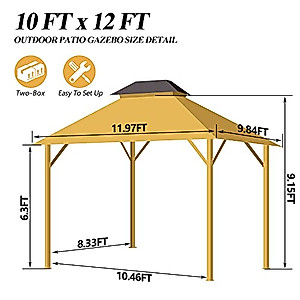 GARTOO 10' x 12' Patio Galvanized Steel Hardtop Gazebo - Outdoor Aluminum Frame Porch Gazebo with Vented Double Roof & Breathable Netting for Garden, Lawn, Outdoor Party, Backyard Deck
