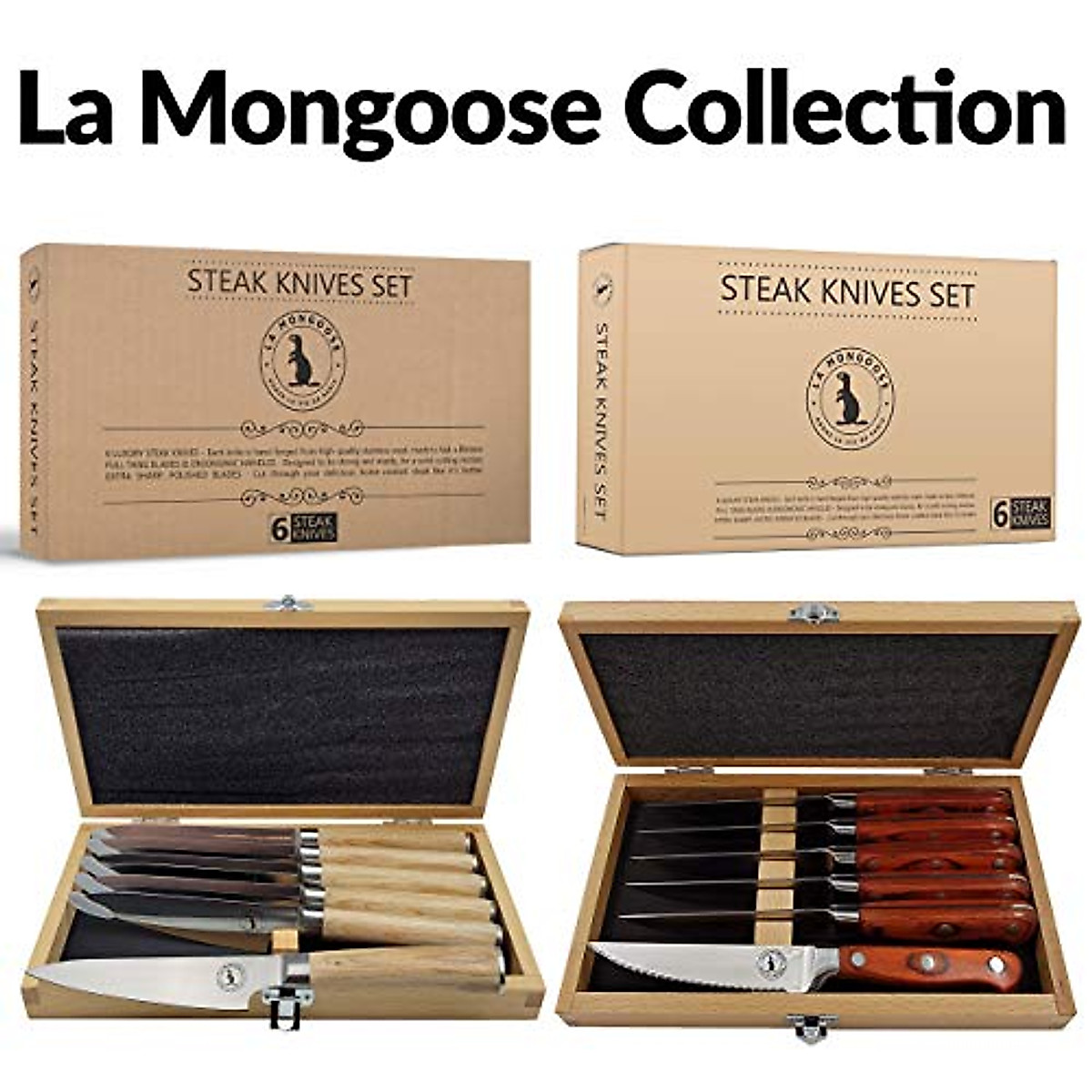 Steak Knife Set in Gift Box 6 Full Tang High Carbon Stainless Steel Micro Serrated Knives Classic Dark Brown Ergonomic Pakkawood Handles Luxury Beech Wood Case Premium Deluxe Birthday Gift Idea
