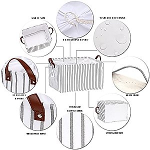 Hinwo 70L Extra Large Capacity Storage Basket Canvas Storage Bin Collapsible Storage Box with PU Leather Handles and Drawstring Closure, 22 by 15 inches, Waterproof Inner Layer, Grey Vertical Stripe
