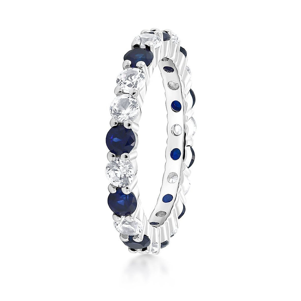 Gem Stone King 925 Sterling Silver Blue and White Created Sapphire Eternity Wedding Band Ring For Women (2.20 Cttw, Available In Size 5, 6, 7, 8, 9)