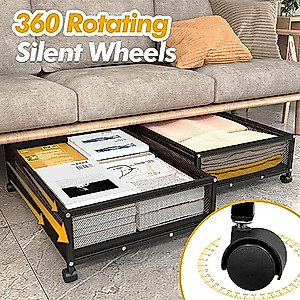 UEAKPIC Under Bed Storage Containers with Wheels, 2 Pack Under Bed Shoe Storage Organizer, Rolling Under Bed Storage Metal Drawer, Organization and Storage for Clothes, Toys, Blankets, Books