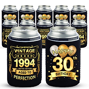 Greatingreat 30th Birthday Can Cooler Sleeves Pack of 12-30th Anniversary Decorations- Vintage 1994-30th Birthday Party Supplies - Black and Gold Thirtieth Birthday Cup Coolers