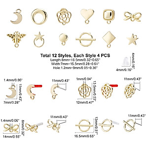 PH PandaHall 96pcs Earring Studs Backs 48pcs 12 Styles Golden Earring Posts Heart Moon Star Rhombus Pad Base with Loops Steel Pin and 48pcs Plastic Earring Backs for DIY Earring Making and Repairing