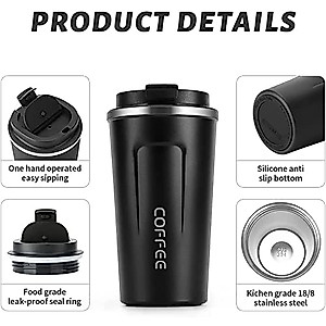 grow vitamin Travel Coffee Mug, Vacuum Insulated Tumbler Double Wall Stainless Steel Coffee Thermal Cup with Screw Lid - Spill Proof - 17 Oz