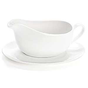 Yesland 15 oz Gravy Boat and Tray, Ceramic White Gravy Sauce Boat with Saucer Stand for Dining, Holiday Meals & Parties