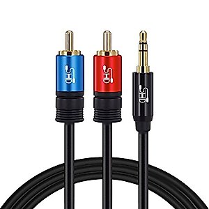 SHD 3.5mm Aux to 2RCA Y Splitter Stereo Audio Cable Male Type OFC Conductor High Flexible PVC Jacket Dual Shielding Gold Plated High End Metal Shell-Black 10Feet/3m