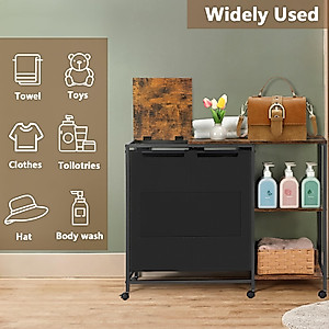 Laundry Hampers with Rolling Wheels,Laundry Sorter Basket with Wooden Shelf, Clothes Basket Hamper Organizer with Lid for Bathroom, Bedroom,Laundry Room,Rustic Brown