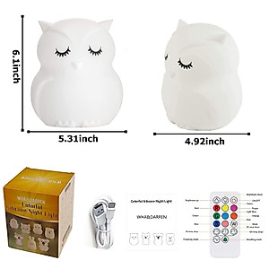WHA&DARREN Large Owl Night Light for Kids,Cute Baby Night Light, Silicone Bedside Lamp, Sleep Lights, Eye Caring, Adjustable Brightness & Color, Time Setting, Touch+Remote Control