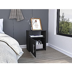 Epinki Nightstand, One Shelf, Single Door Cabinet, Metal Handle -Black, Wood, Bedside Table for Bedroom