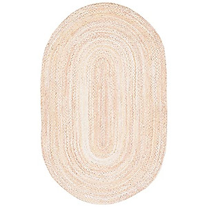 Safavieh Braided Collection Area Rug - 4' x 6' Oval, Beige with Pink Accents, Handmade Cotton, Country Cottage Style, Reversible, Ideal for Areas in Entryway Living Room Bedroom Kitchen (BRD452B)