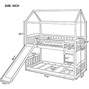DNYN Twin Size Loft Bed with Slide for Kids Bedroom,Twin-Over-Twin House Shaped Bunkbeds w/Safety Guardrails & Roof Design,Easy Assemble & No Box Spring Need & Space Saving Design, White