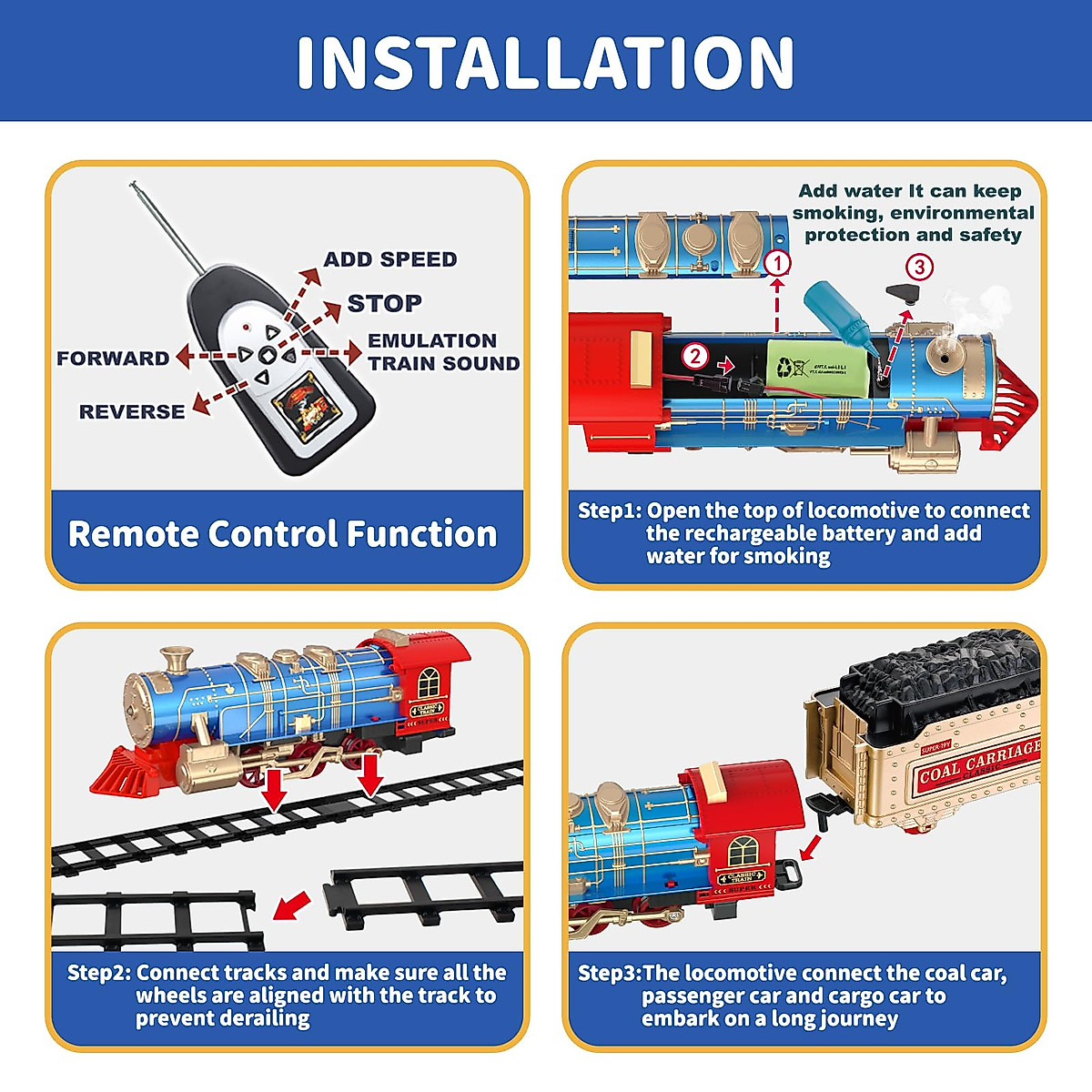 JUQU Train Set for Boys -Remote Control Train Toys-Electric Train w/Smokes, Steam Locomotive w/Lights & Sound, Cargo Car and Tracks, Rechargeable Battery Christmas Toy Train for Age 3 4 5 6 7 8+ Kids