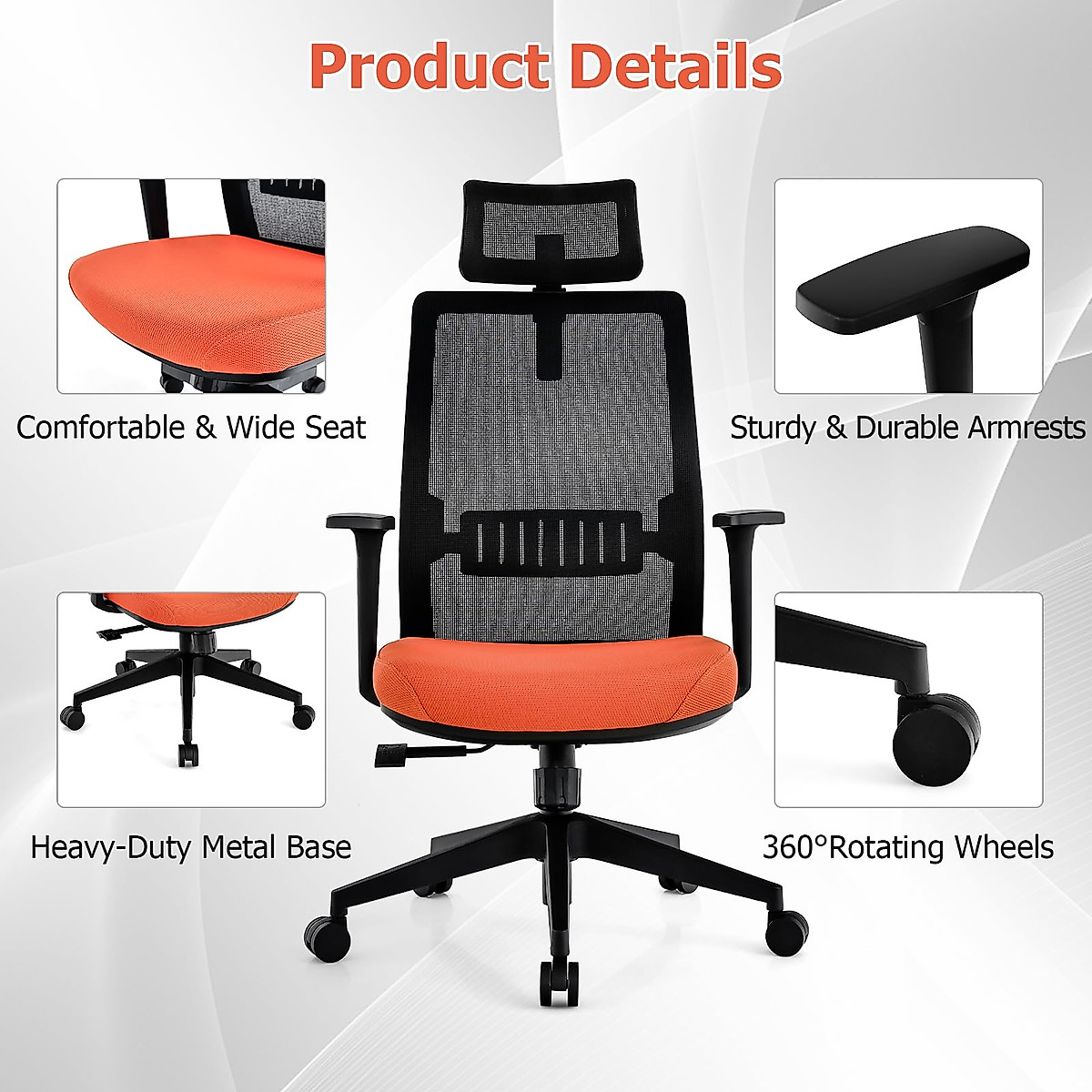 Giantex Big and Tall Office Chair 400lbs, Heavy Duty Ergonomic Mesh Chair with Adjustable Lumbar and 3D Headrest, Wide Orange Seat, High Back Computer Executive Desk Chair for Office, Conference Room