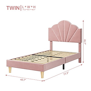 IDEALHOUSE Twin Pink Bed Frame, Twin Velvet Upholstered Bed Frame with Height Adjustable Headboard, Girl Twin Bed Frame with Strong Wood Slat Support and Metal Frame, Easy to Assemble