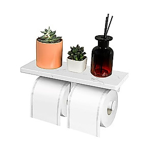 Toilet Paper Holder with Shelf，Wall Mounted Black Toilet Paper Holder，Marble Tissue Roll Holder for Bathroom Washroom, Marble Top Toilet Paper Holder Brushed Nickel