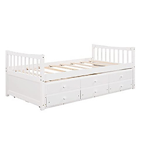 Twin Daybed with Trundle and Storage Drawers Wood Twin Size Bed Frame with 3 Drawers Wooden Platform Beds for Kids Boys Girls Teens, White