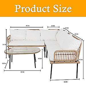 Homsido 4 Pieces Patio Sectional Furniture Set Boho Rope Porch Water-Resistant Outdoor Indoor Wicker Corner Sectional Sofa Beige Woven PE Rattan Conversation Chat Set with Rect Coffee Table
