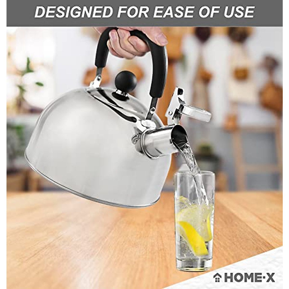 HOME-X Shiny Whistling Kettle, Stainless-Steel Stovetop Tea Kettle, Whistling Water Boiler, Large 2 Liter Capacity,8 ¾” L x 7" W x 8 ¼”, Polished Stainless-Steel