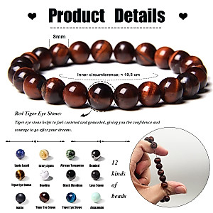 Svovin 12 Pcs 8mm Gemstones Beaded Bracelets for Men Women Semi-Precious Stone Stretch Round Bead Crystal Bracelets Unisex