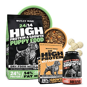 Bully Max Complete Puppy Nutrition Bundle - Dry Puppy Food (5lb Bag), Dehydrated Wet Dog Food (2lb Bag) & Chewable Vitamin (30 Tabs) for Small & Large Breed Puppies - for Growth, Health & Immunity