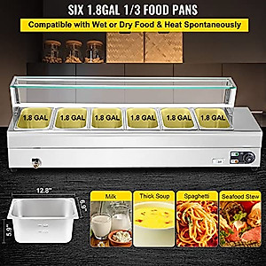 110V Bain Marie Food Warmer 42 Quart, 6 Pan x 1/3 GN Commercial Steam Table with Tempered Glass Shield