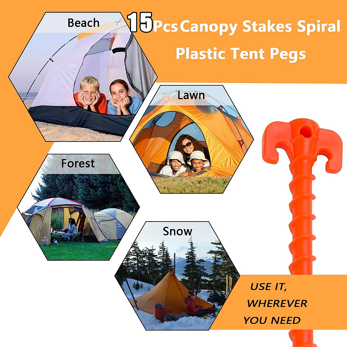 YHTIMIOX 15 Pcs Canopy Stakes Spiral Plastic Tent Pegs 10 inch Camping tent stakes peg Heavy Duty Beach Tent Pegs Orange