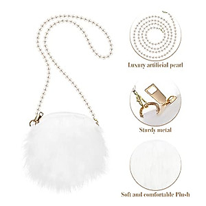 FENICAL Crossbody Bag Plush Pearl Chain Cellphone Purse Small Fuzzy Shoulder Pouch for Women Ladies Girls - White