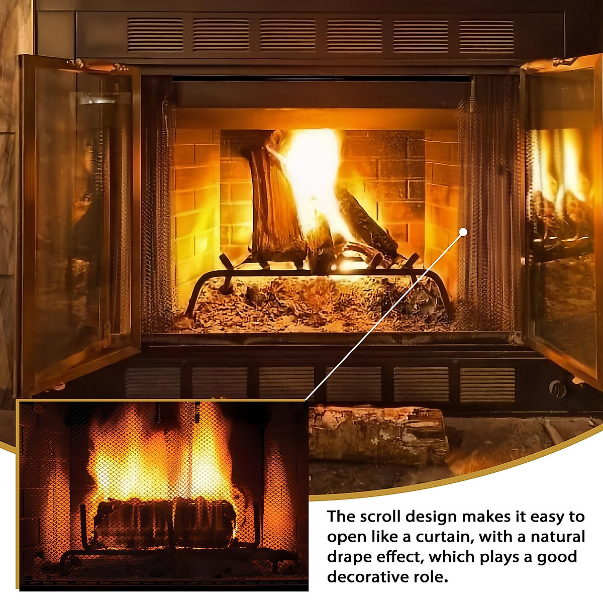Fireplace Mesh Screen Curtain with Adjustable Rods, 2 Pack Decorative Spark Guard Chain, Easy-to-Install Hanging Replacement Screens for Wood Burning Fireplaces (22" H x 27.5" W)