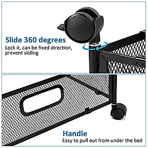 SubClap Under Bed Storage Container with Wheels 1 Pack, Underbed Rolling Drawer Storage Organizer for Clothes Shoes Blankets Books, Metal Underbed Drawer Cart for Bedroom, 23.6" L x 15.9" W x 6.42" H