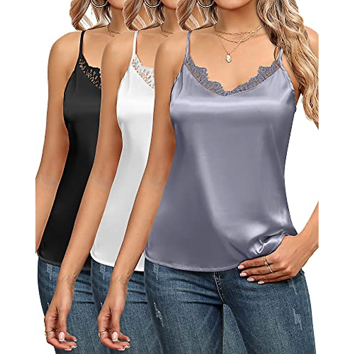 Neer 3 Pack Women's Satin Tank Tops, Lace Trim Silk Camisole V Neck Spaghetti Strap Top Loose Sleeveless Blouses Cami Shirt (White, Black, Gray, XX-Large)