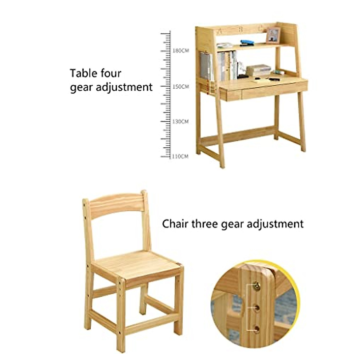 BBSJ Solid Wood Table and Chairs Set Student Study Table Home Lifting Wooden Safety Writing Desk Combination with Bookshelf